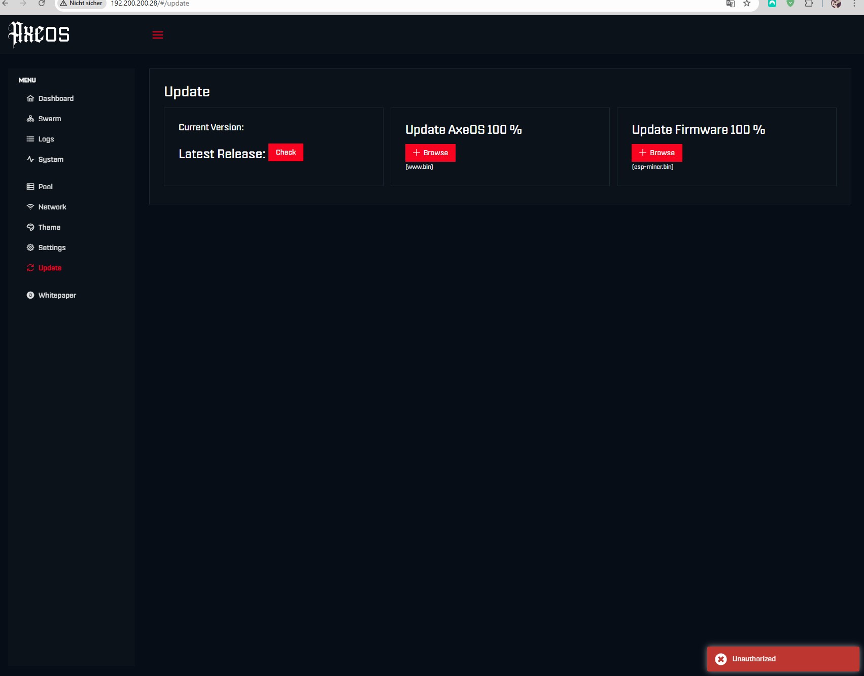 Bitaxe Webinterface Probleme: Dashboard leer, API 401 Unauthorized nach ...